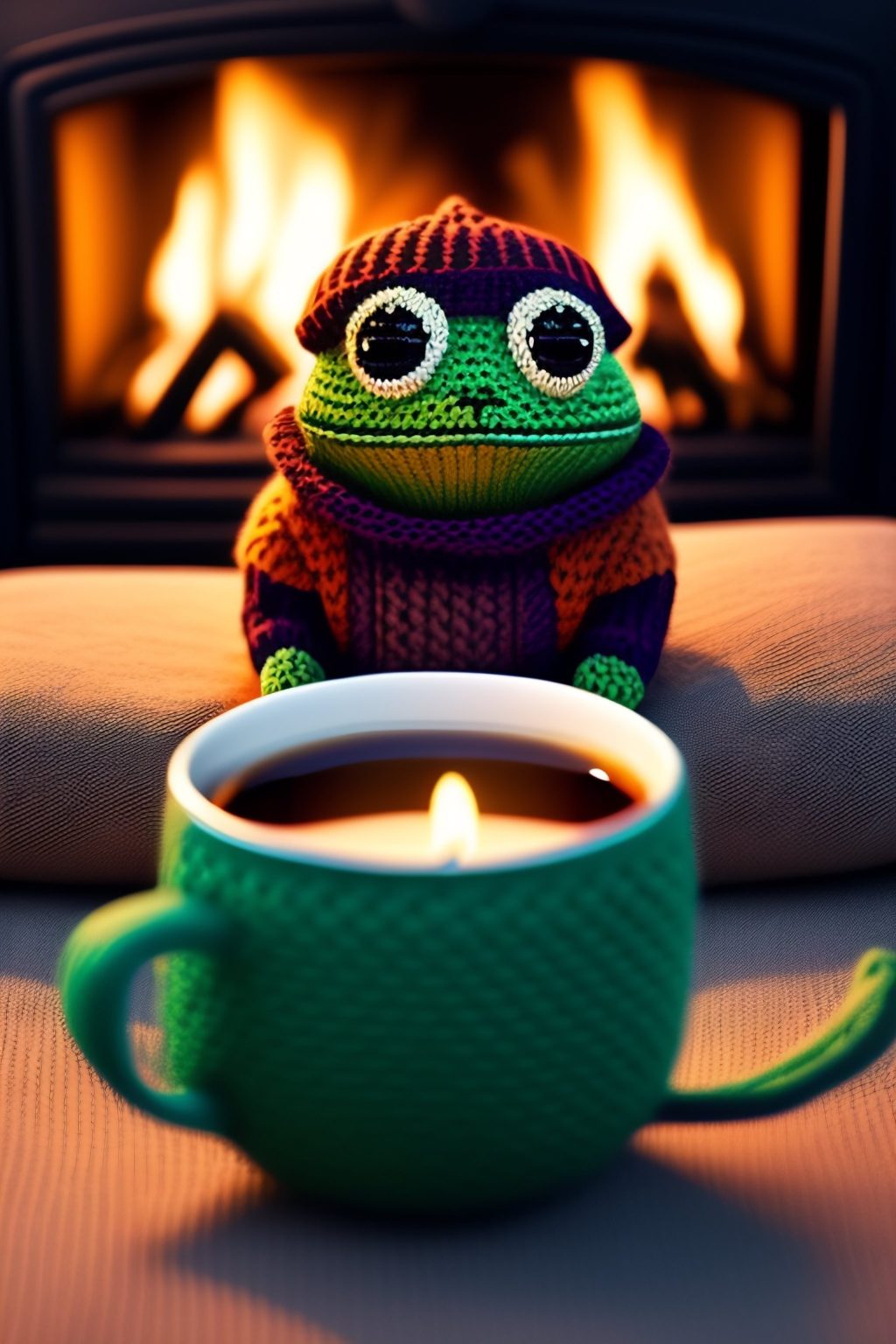 a tiny pepe the frog sipping tea wearing a cozy knit sweater by the ...